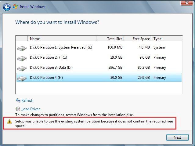 How to free space on system reserved partition - sosscope