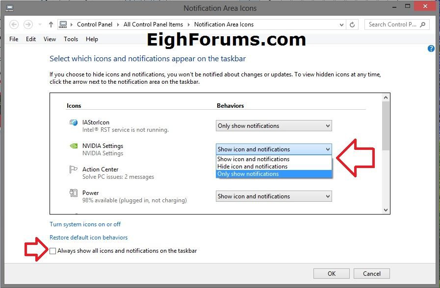NVIDIA Taskbar Notification Area Icon - Add or Remove | Windows 8 Help ...