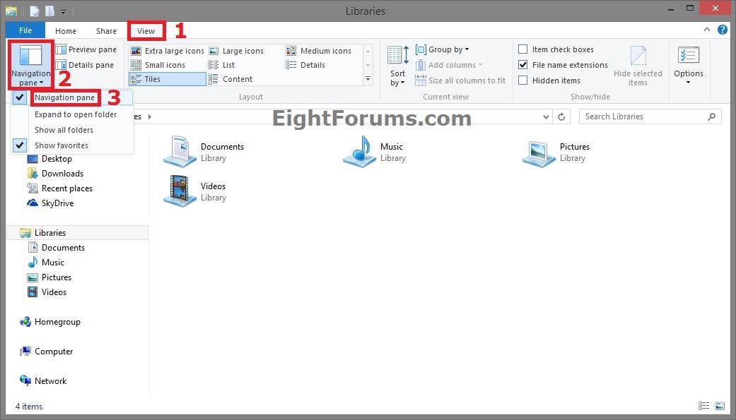 Navigation Pane - Show or Hide in Windows 8 File Explorer | Windows 8 ... Navigation Pane - Show or Hide in Windows 8 File Explorer | Windows 8 ...