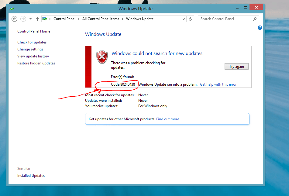 unable windows upade error code: 80240438 | Windows 8 Help Forums